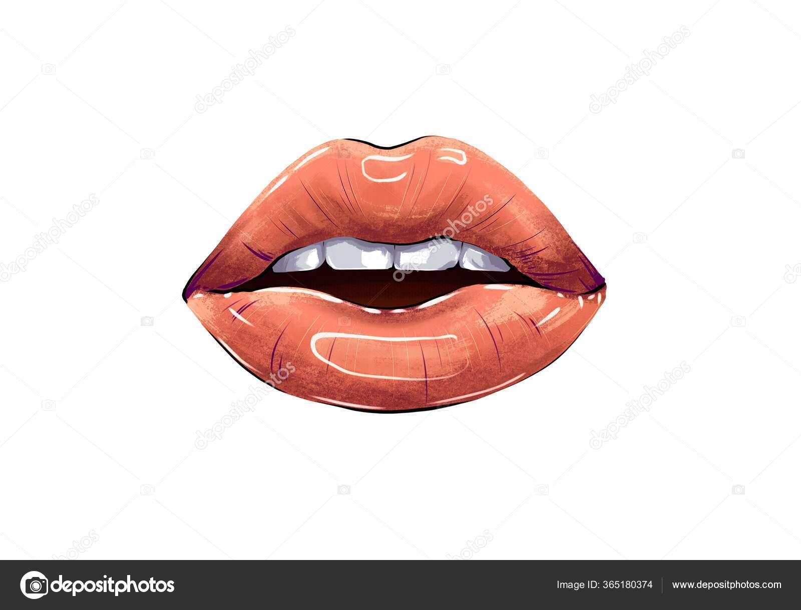 Hand Drawn Art Female Lips Parted Mouth Visible White Teeth Stock ...