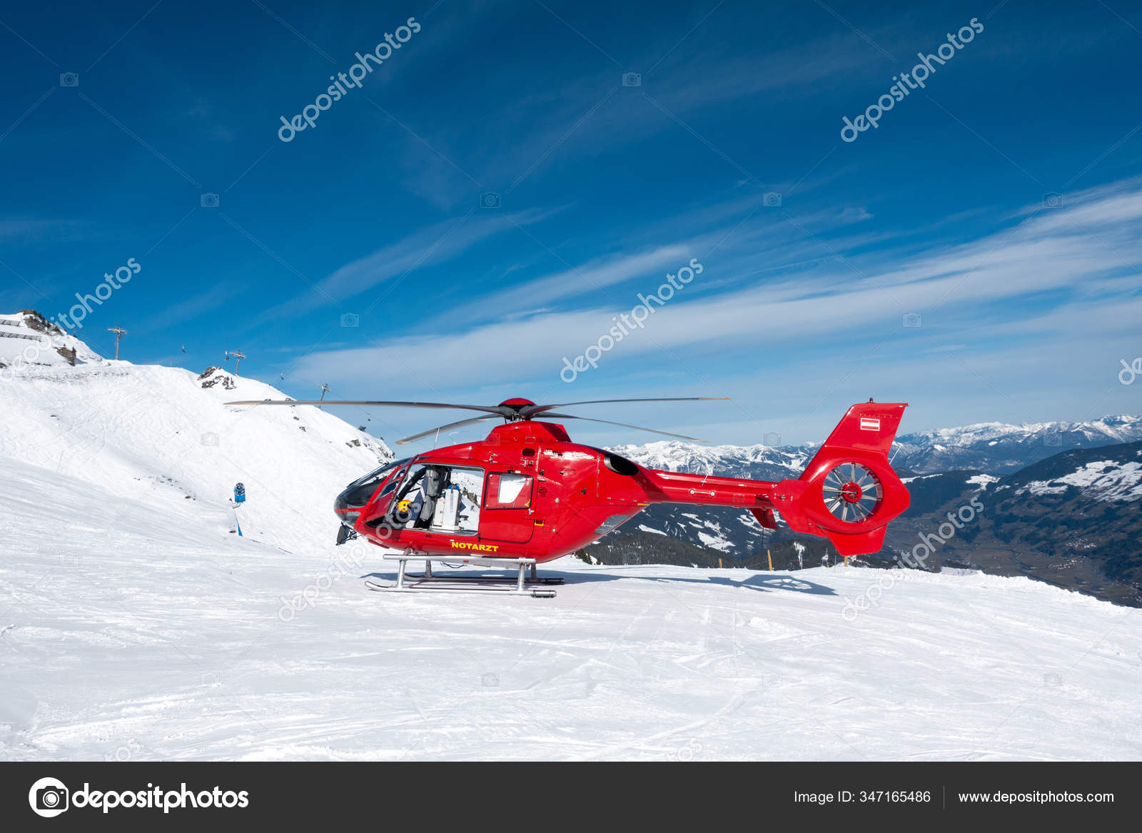 Red Rescue Helicopter Stands Snow Covered Mountains Austrian Alps ...