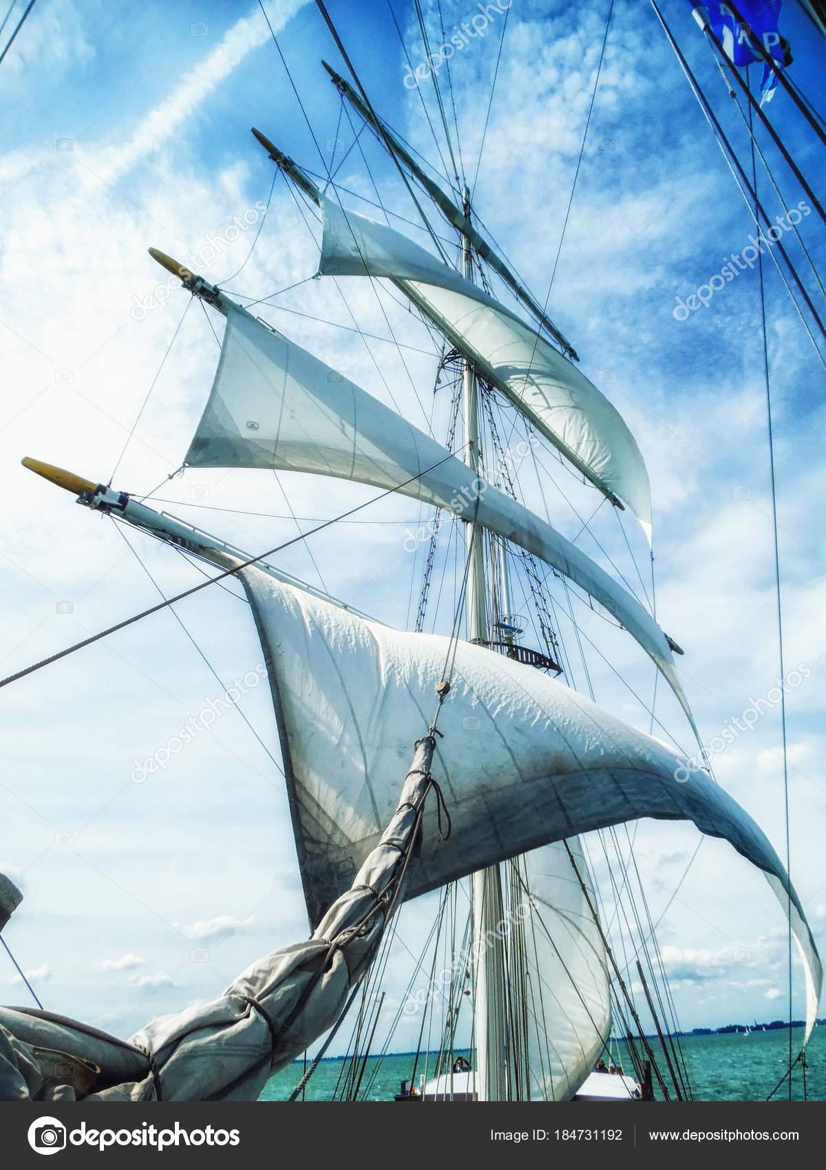 Sails, mast and ropes view from below of a classic sailing ship ...