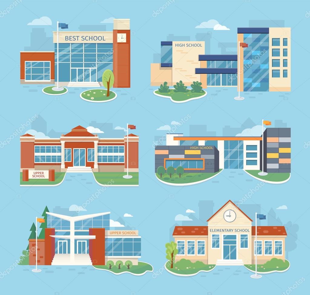 Conjunto de Edificios Escolares Vector Ilustraciones 2025