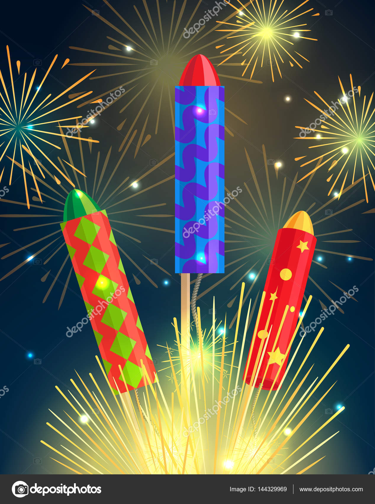 Cohetes explosivos de colores sobre fondo brillante Vector de stock ...