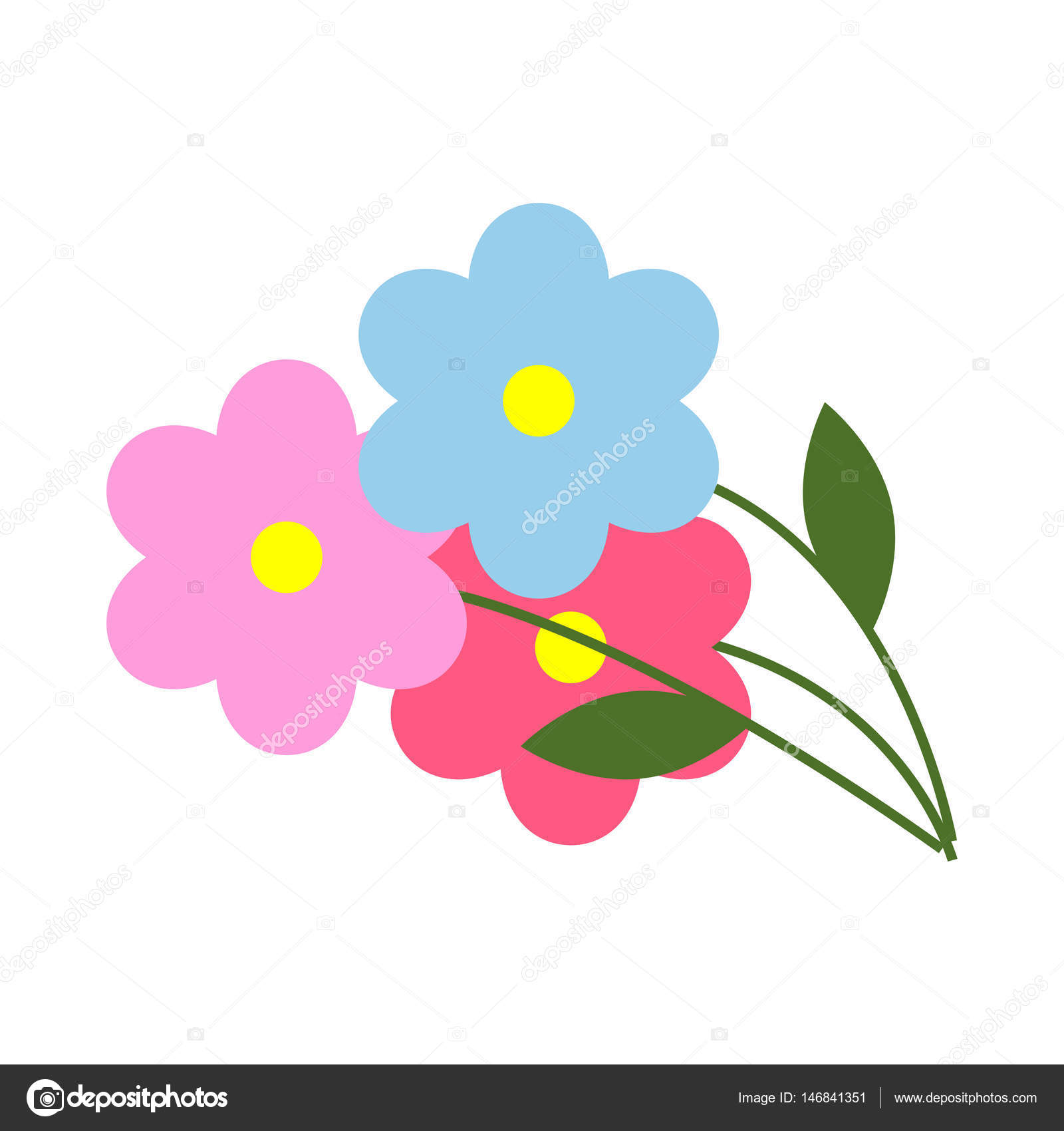 Three Flowers with Green Leaves in Cartoon Style Stock Illustration by ...