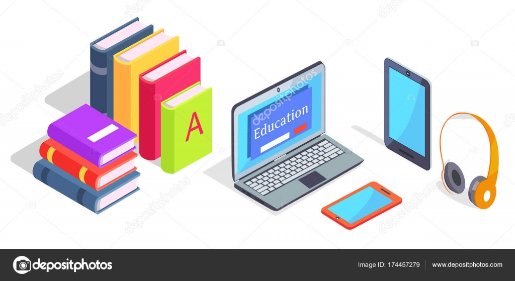Devices Laptop and Headphones Tablet Pile Of Books Stock Vector Image ...