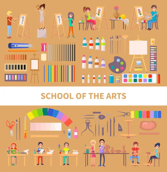 Art School Students and Supplies for Creating Set Stock Vector Image by ...