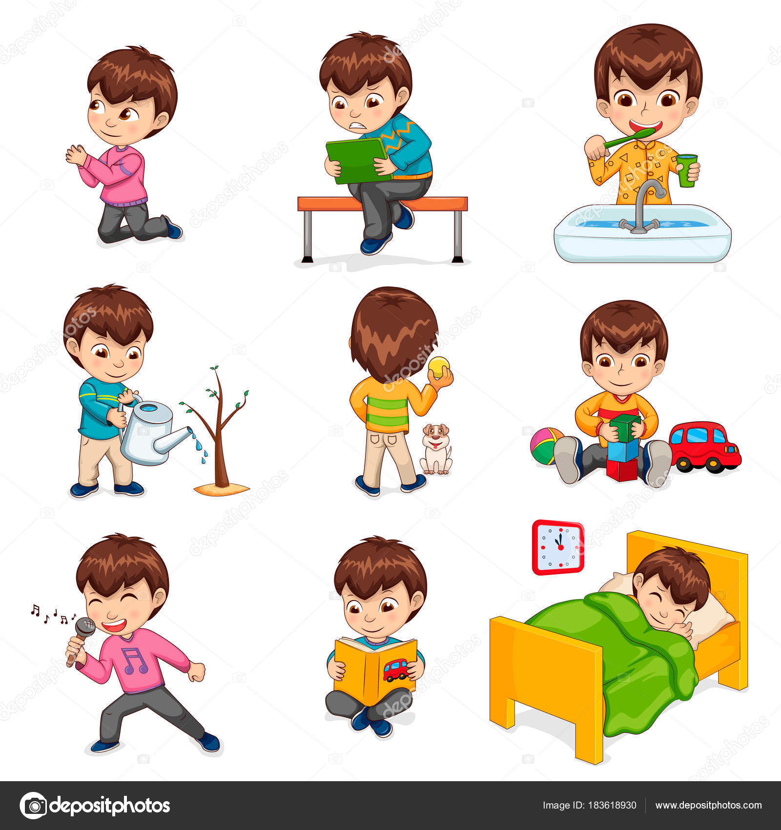 Conjunto de ilustraciones de acciones rutinarias diarias hace niño ...
