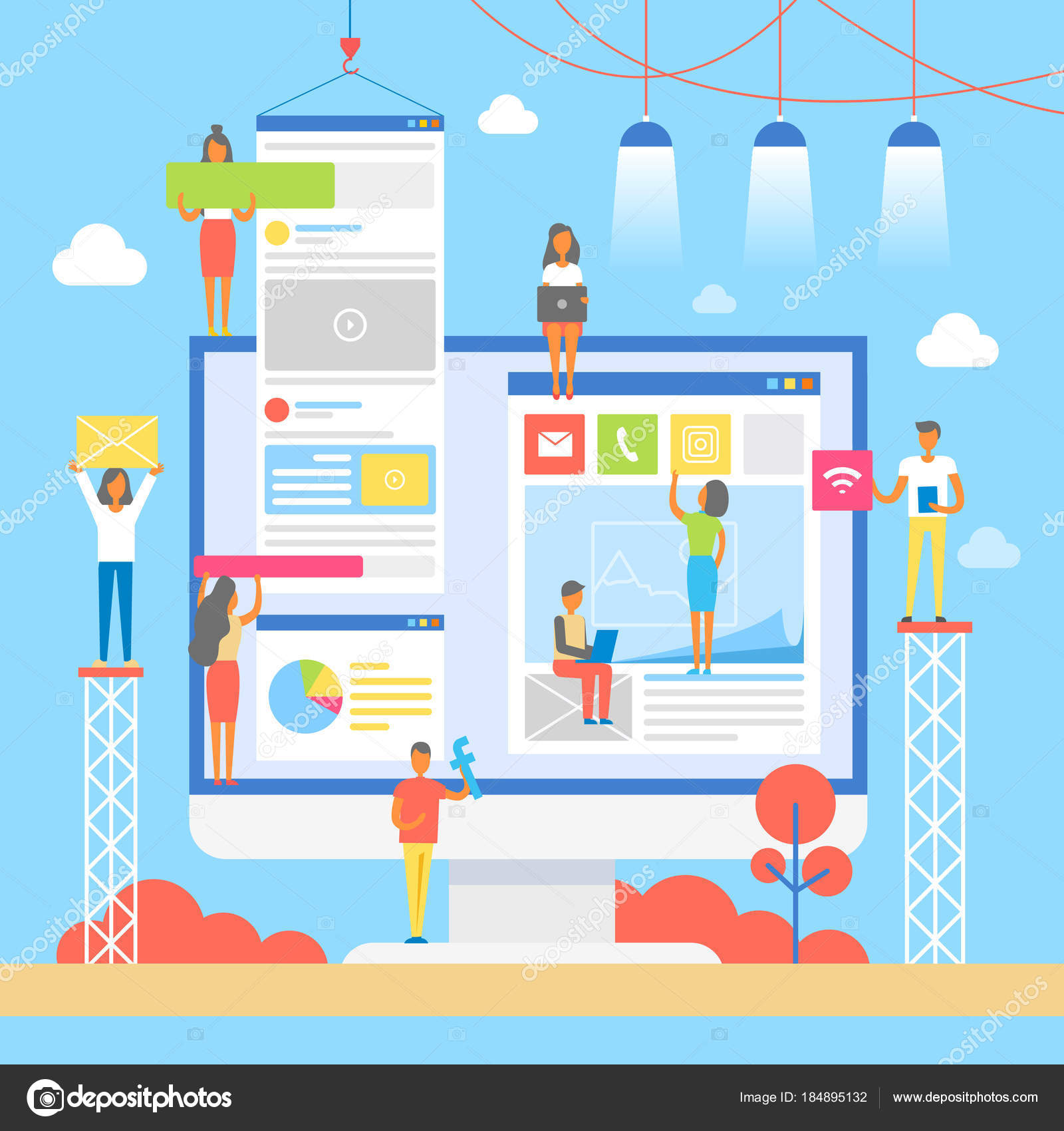 Computer Poster with People Vector Illustration Stock Illustration by ...