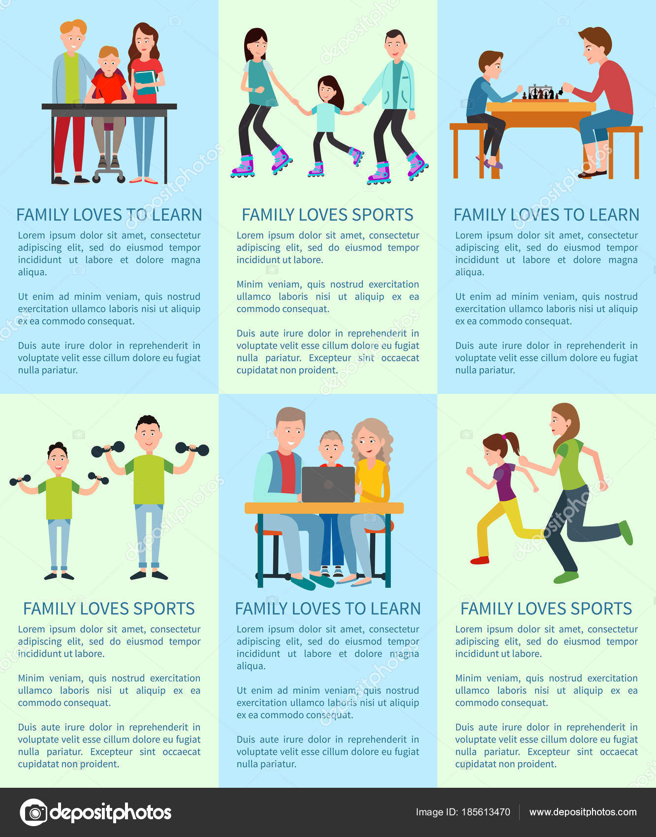 Family Loves Sports and to Learn Set of Banners Stock Illustration by ...