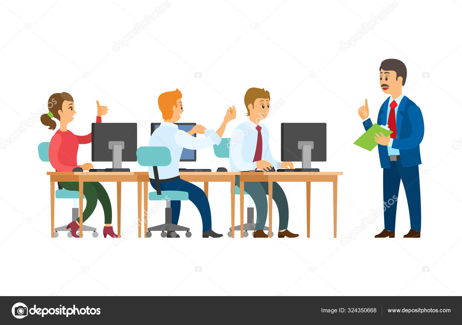 Boss Giving Order to Employees Work at Computers Stock Vector Image by ...