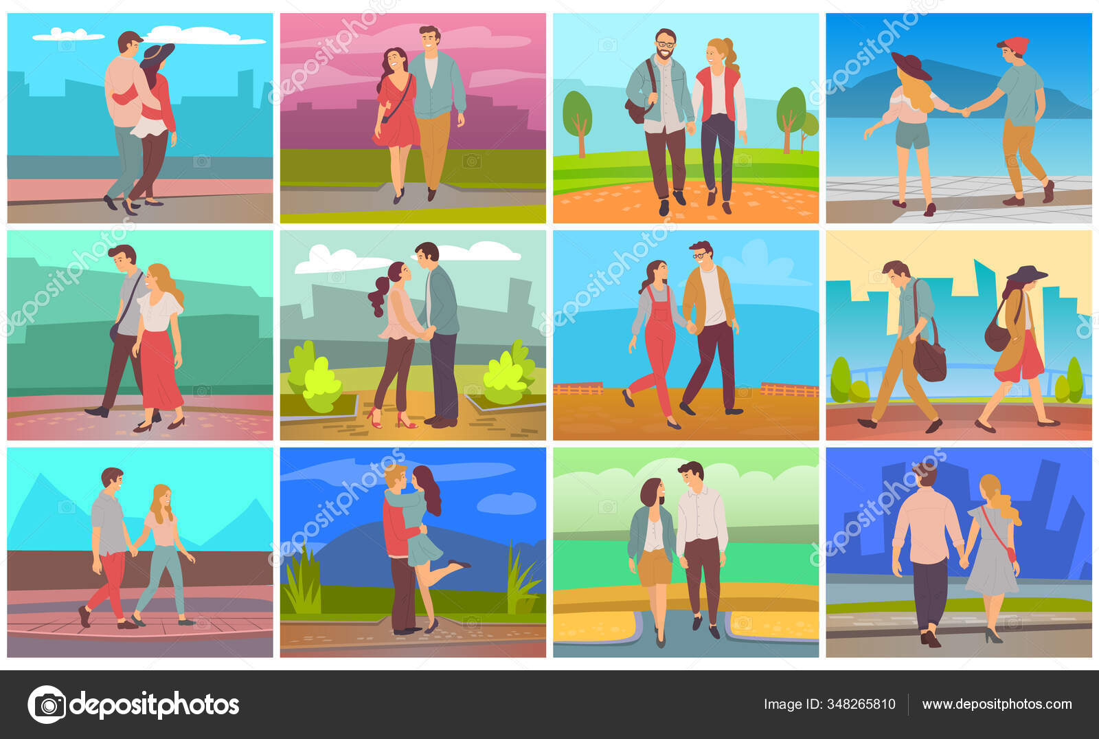 Romantic People, Couple Walking in Pairs Date Stock Vector by ©robuart 348265810