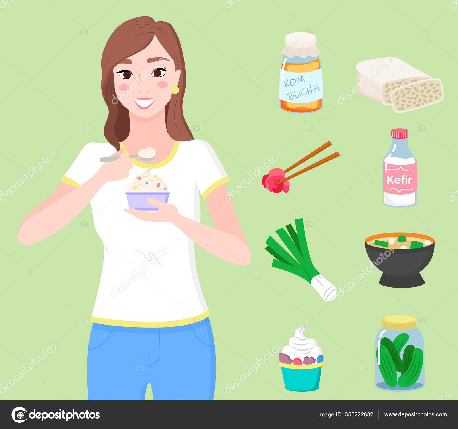 Female Character Eating Yogurt and Meal Collection Stock Vector by ...