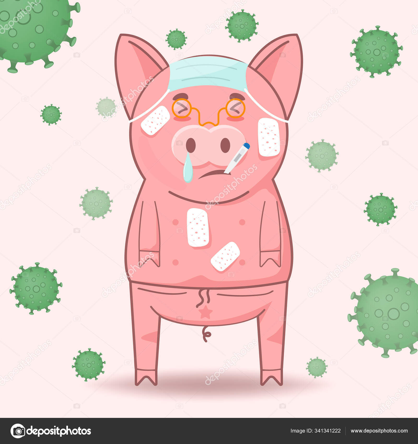 Os porcos têm febre. Porco doente e um termómetro. Conceito de gripe ...