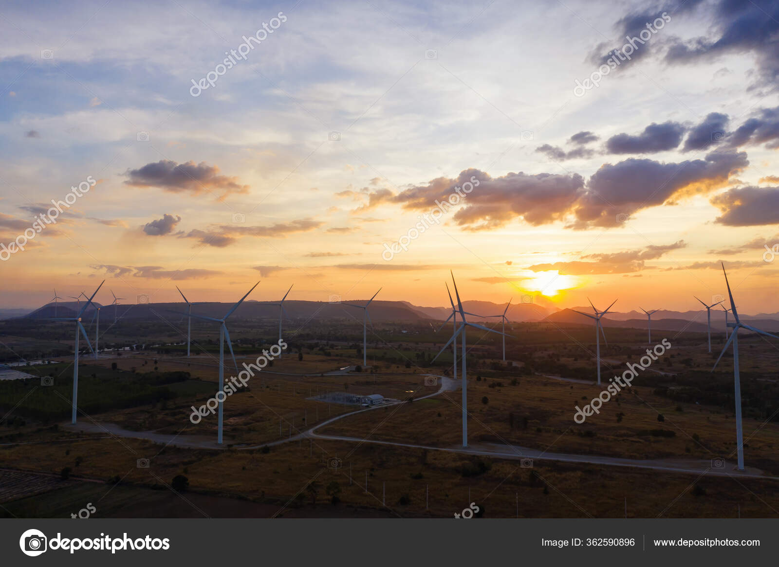 Aerial View Large Wind Turbines Sunrise Taken Air Wind Turbines — Stock ...