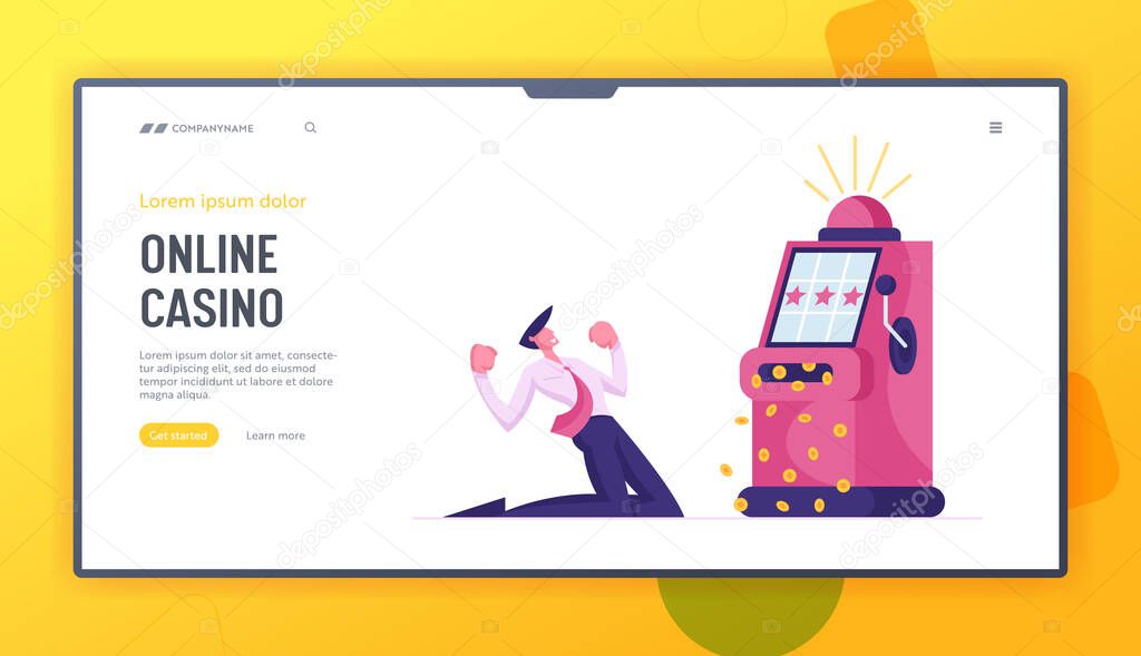 Man Gambler Addiction, One-armed Bandit Player Landing Page Template. Male Character Play ...