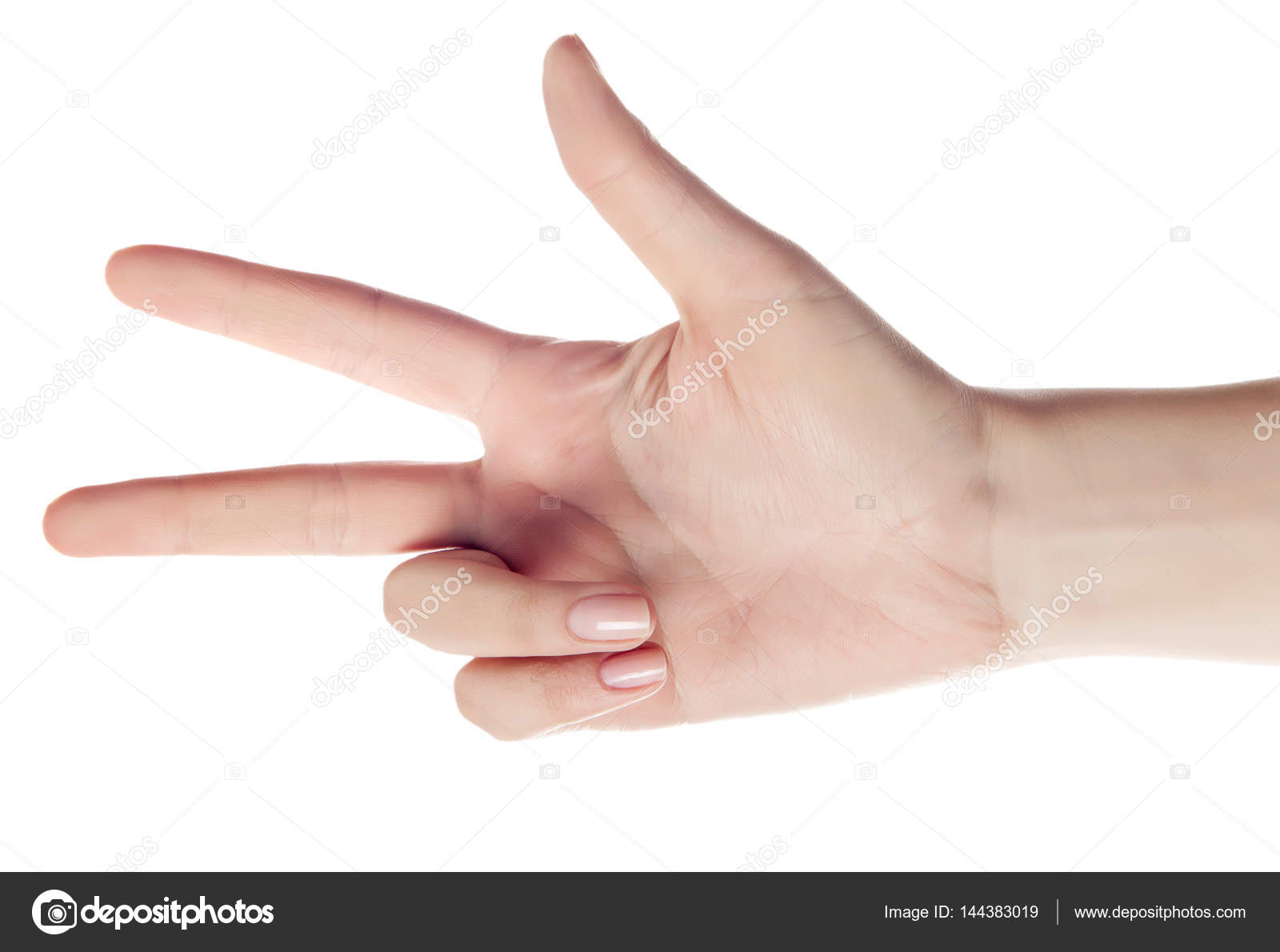 Hand showing the sign of victory and peace. Close up of female h Stock ...