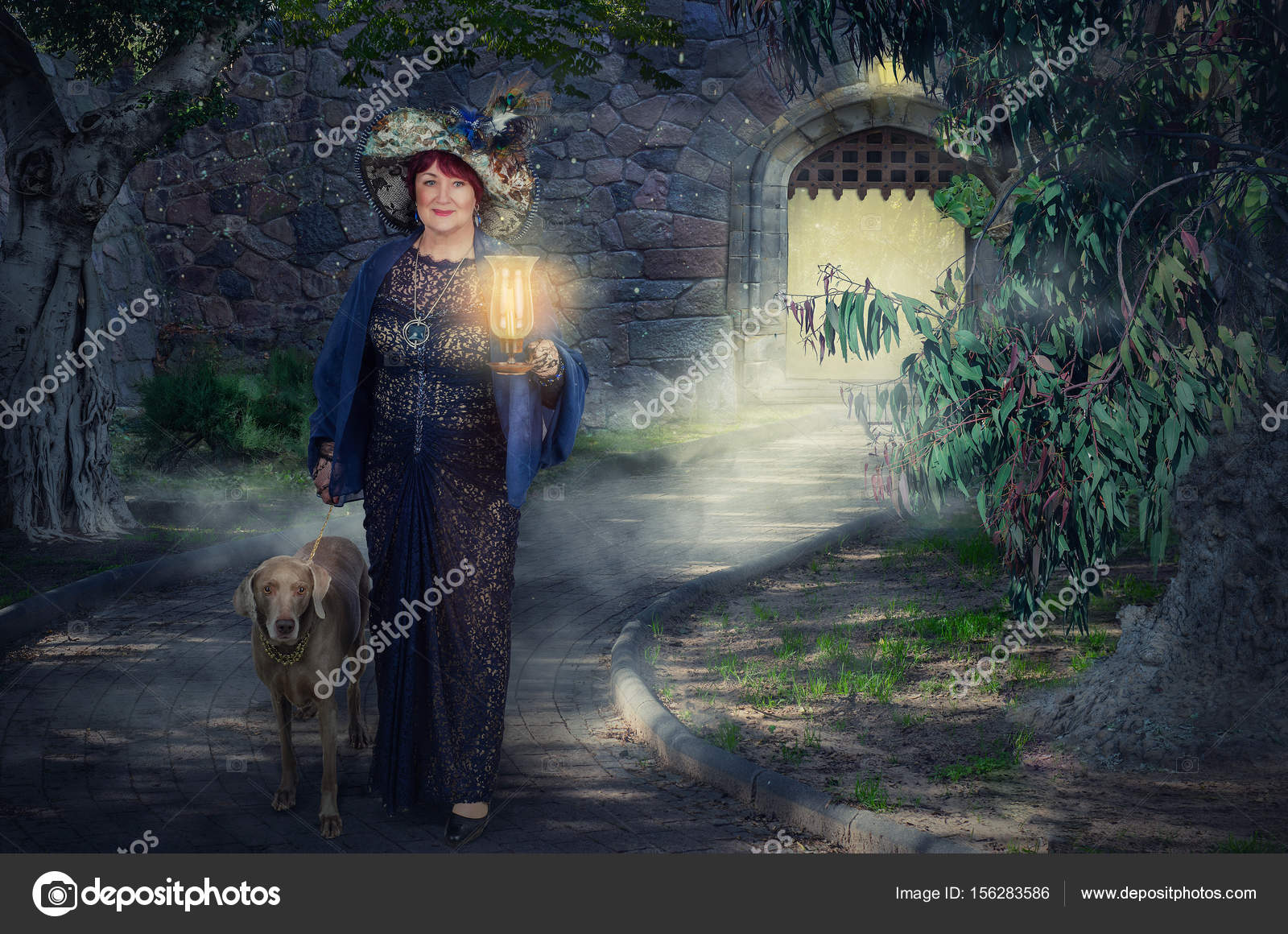 Older fairy walking with dog in ancient park Stock Photo by ©verbaska ...