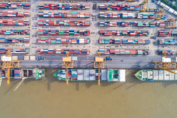 Aerial view ship yard container port terminal in habour Stock Photo by ...