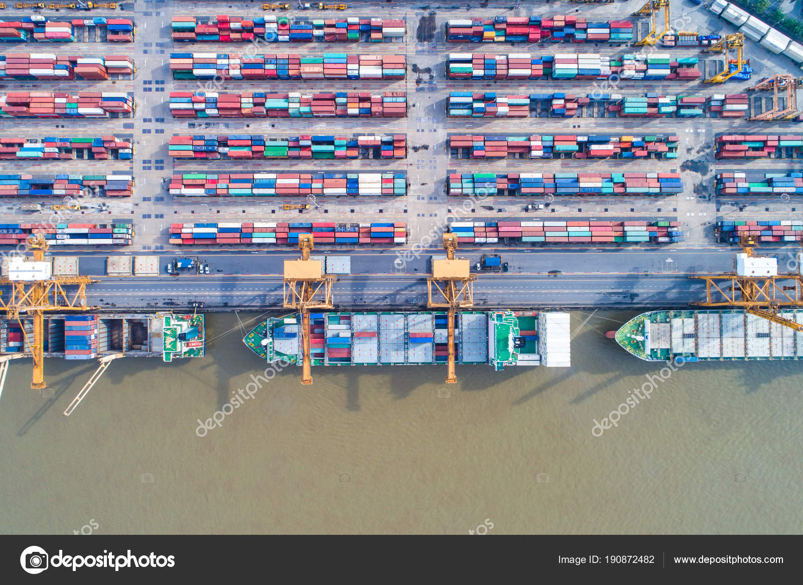 Aerial view ship yard container port terminal in habour Stock Photo by ...