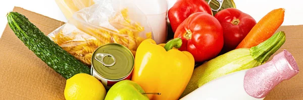 Donation box with various smart food on white background. Food ...