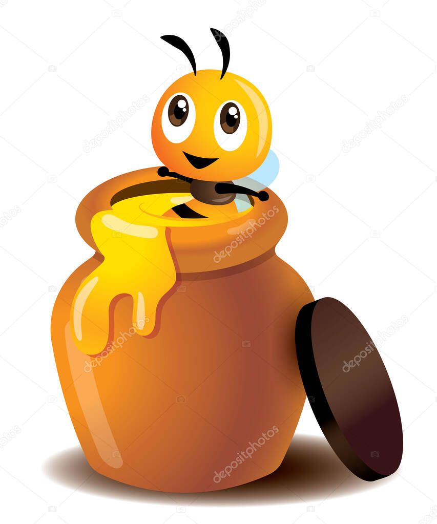 Dibujos Animados Linda Abeja Disfrutar Remojo Una Olla Miel Miel Vector ...