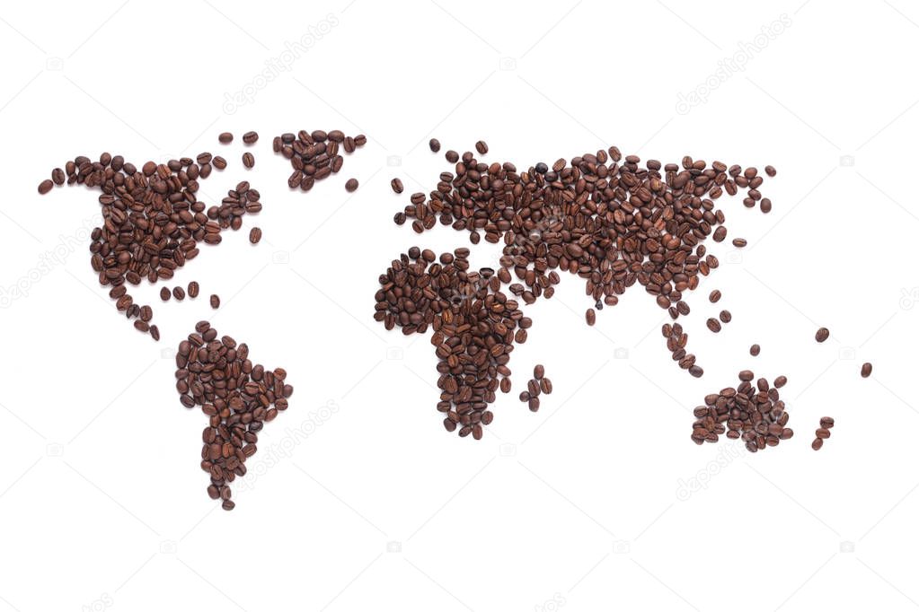 Mapa del mundo con continentes alineados con granos de café sobre un ...