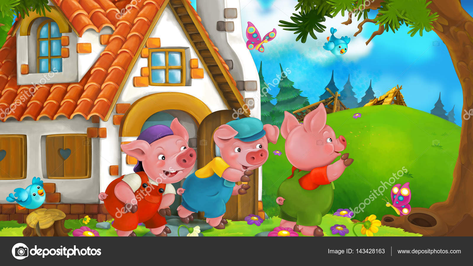 Cartoon scene with three pigs Stock Photo by ©agaes8080 143428163