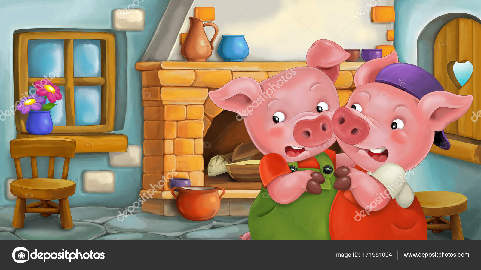 Cartoon Scene Two Cute Pigs Kitchen Colorful Illustration Children ...