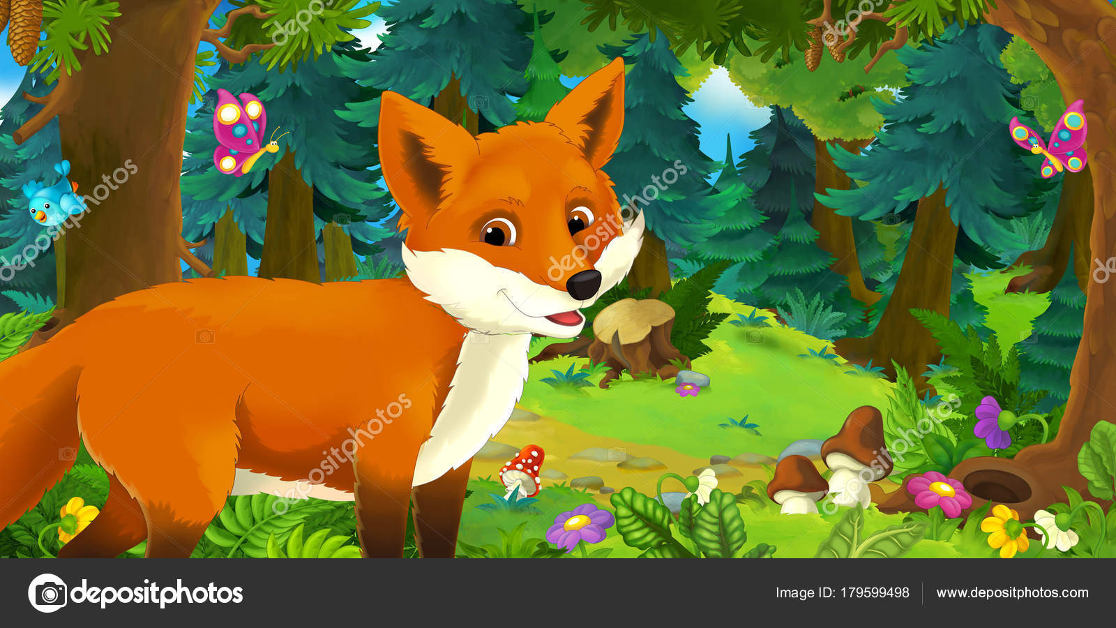 Cartoon Scene Happy Funny Fox Forest Illustration Children Stock Photo ...