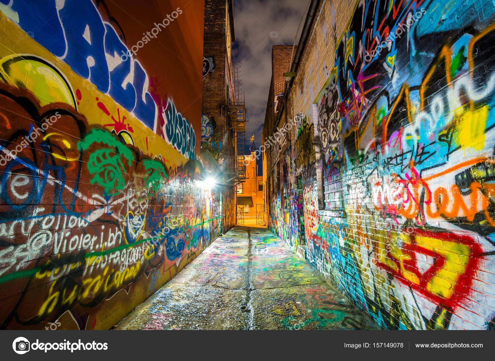 Graffiti Alley at night, in Station North, Baltimore, Maryland. – Stock ...