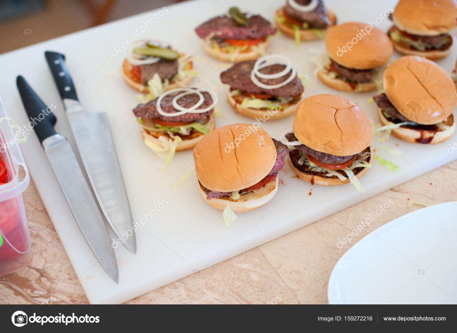 Ready-made homemade small burgers with grilled meatballs Stock Photo by ...