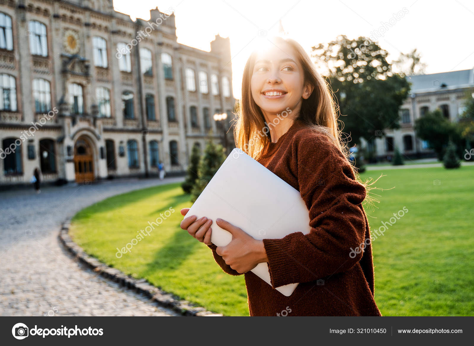 Charming Young Woman Student Move Walking University Garden Laptop ...