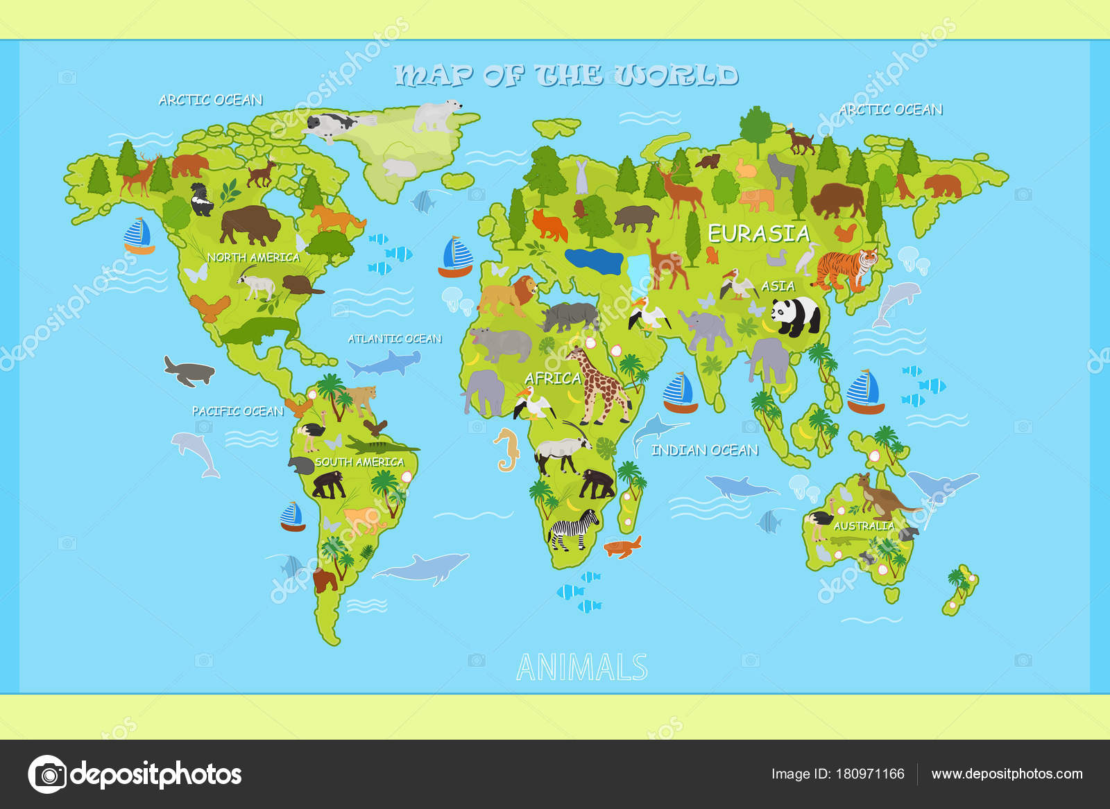 Mapa Vectorial Del Mundo Con Animales Plantas Vector de stock por ...
