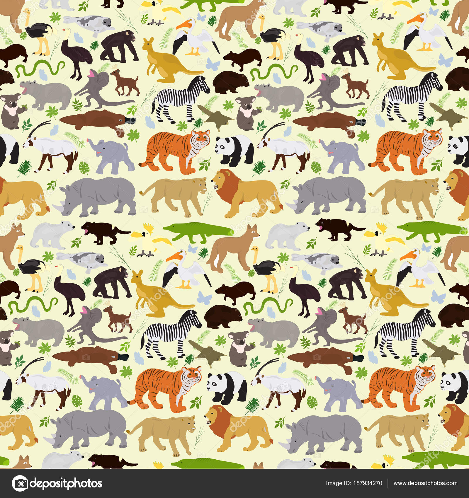 Vector Seamless Background Various Animals Plants White Background ...