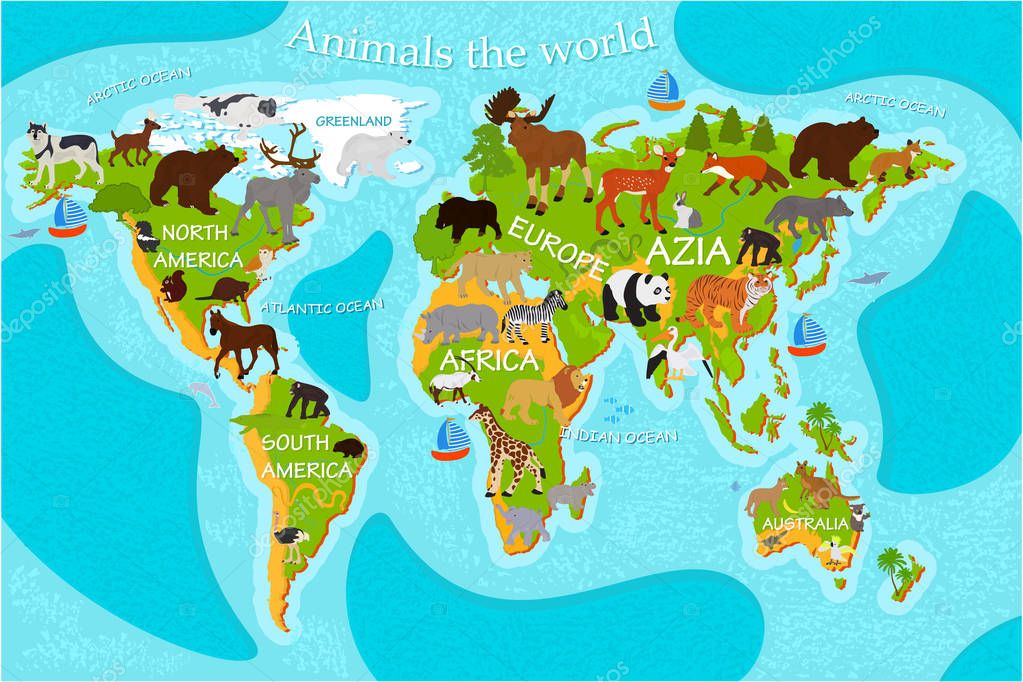 Mapa de los animales del mundo con los nombres de los continentes 2024