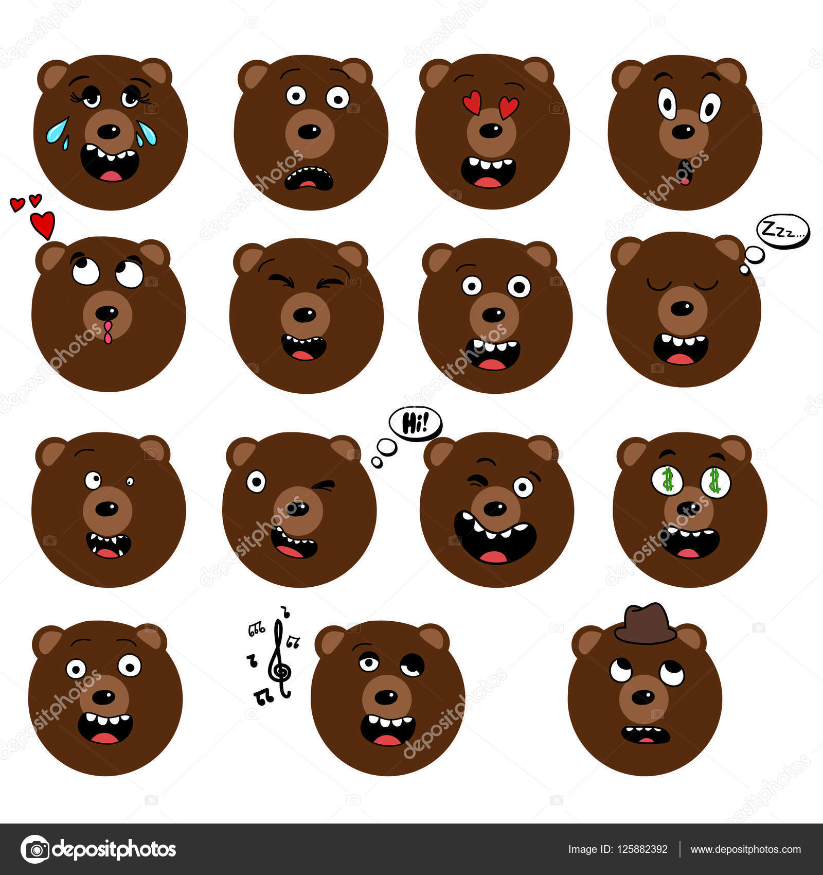 Set of fun emotions bears smileys isolated on white background. Stock ...