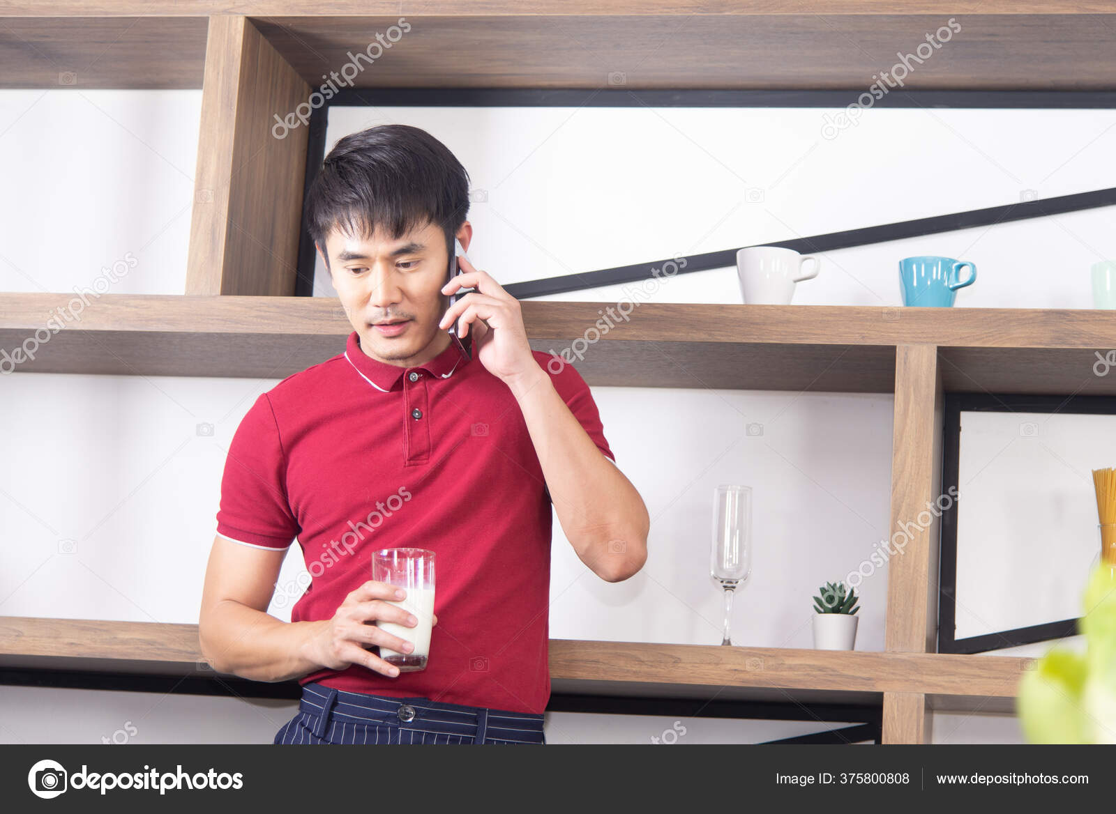 Smart Young Healthy Asian Man Casual Red Shirt Having Breakfast — Stock ...