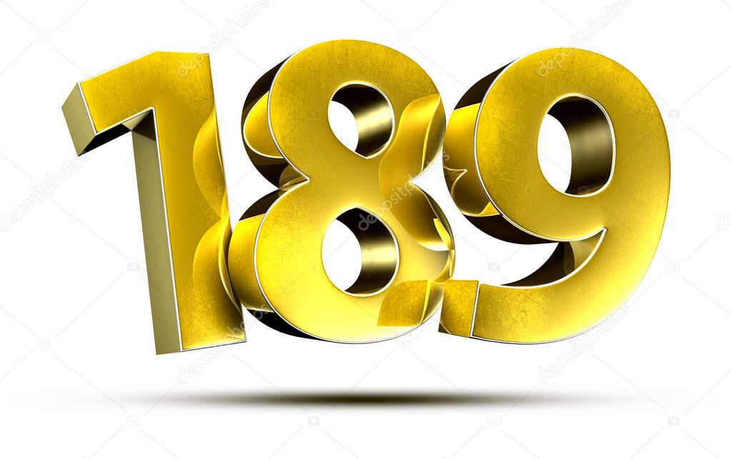 Ilustración 3D Números 189 Oro aislado sobre fondo blanco. (con ruta de ...