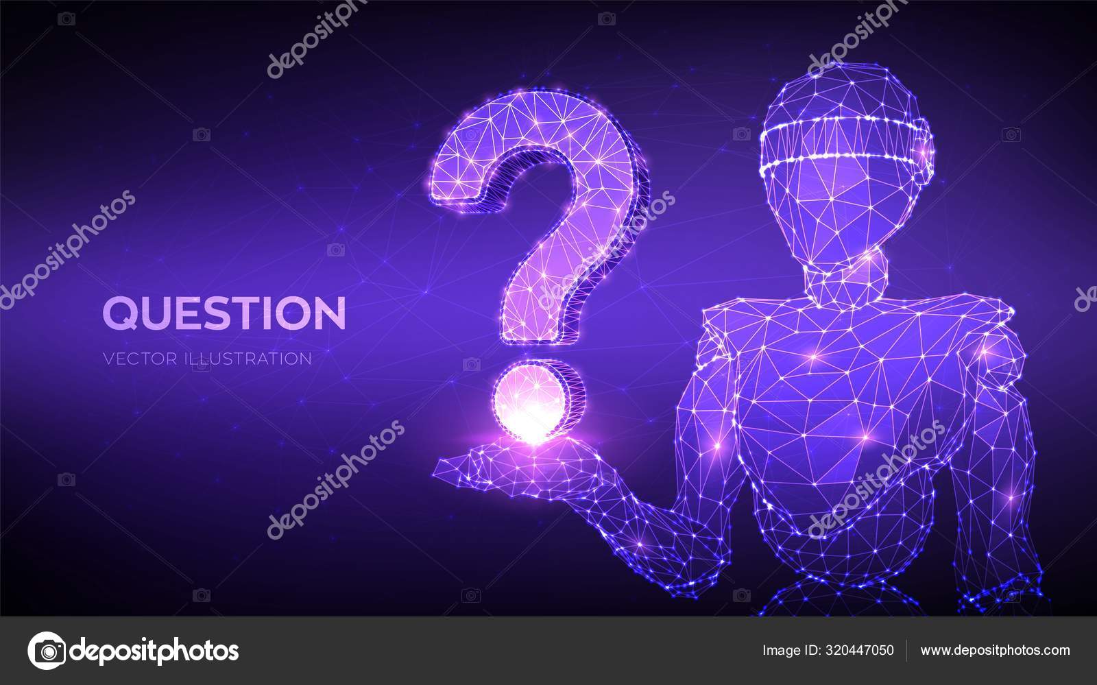 Question mark. Abstract 3d low polygonal robot holding Question sign. Ask symbol. Help support ...