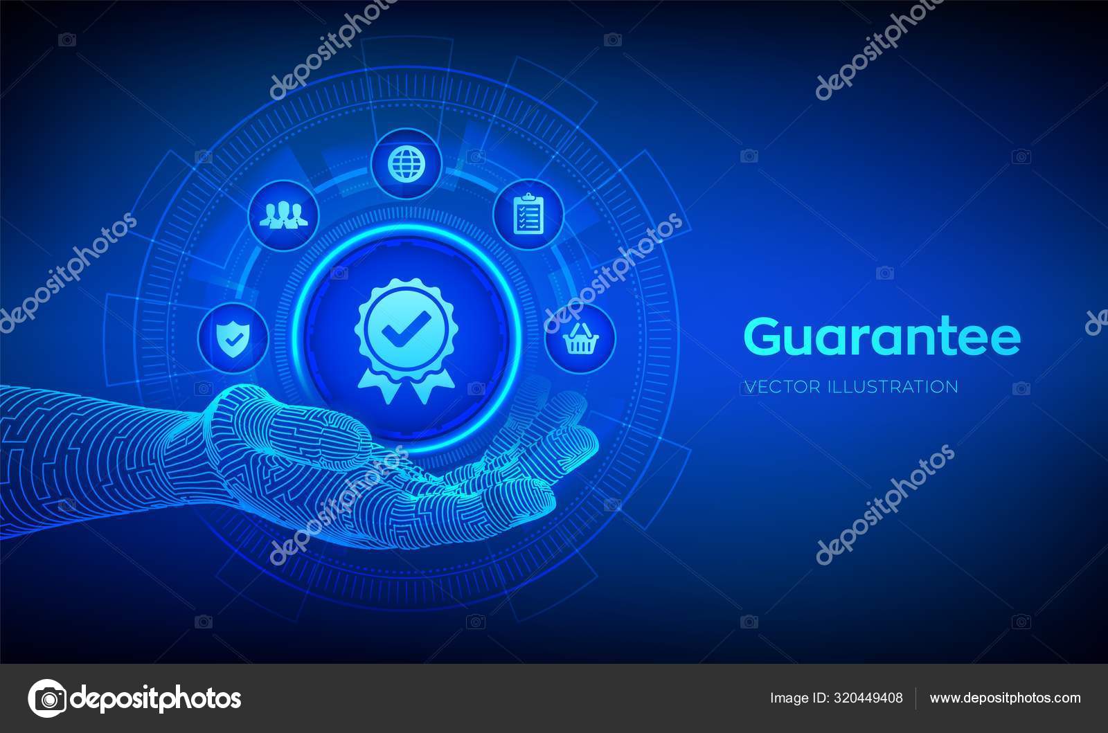 Guarantee symbol in robotic hand. Warranty, Standards, Satisfaction ... Guarantee symbol in robotic hand. Warranty, Standards, Satisfaction ...