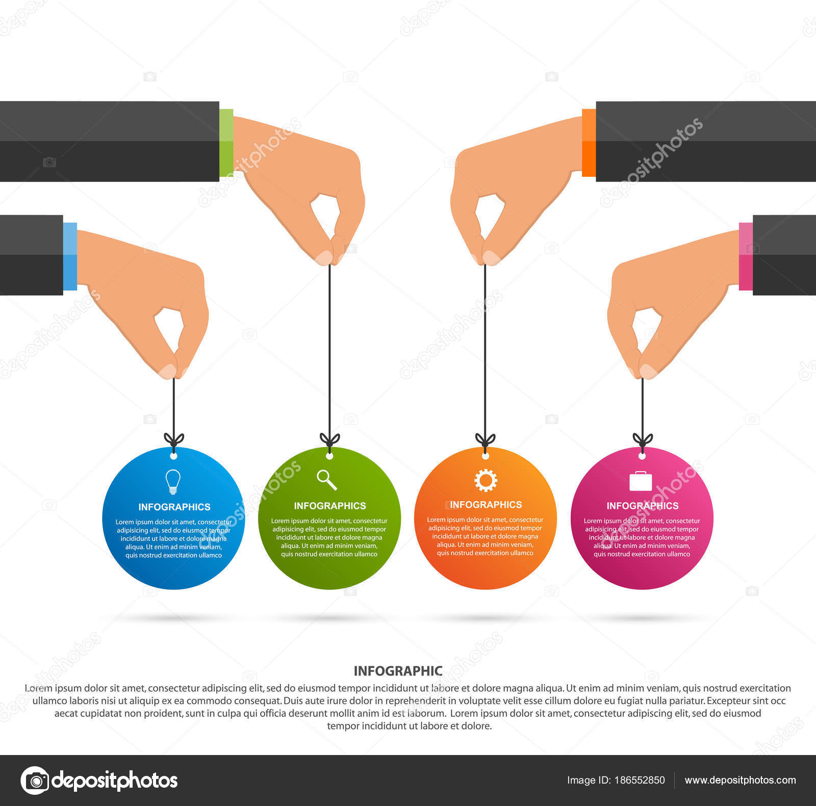 Infographics design template. Human hands holding the circle banners ...