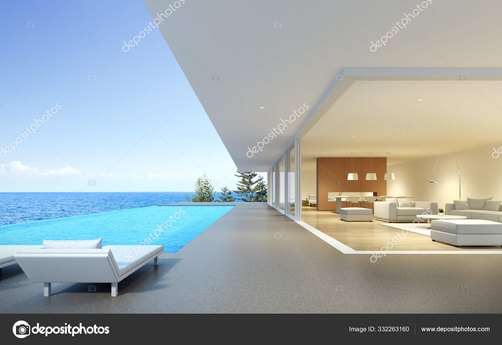 Perspective Modern Luxury Building Terrace Swimming Infinity Pool Sea ...