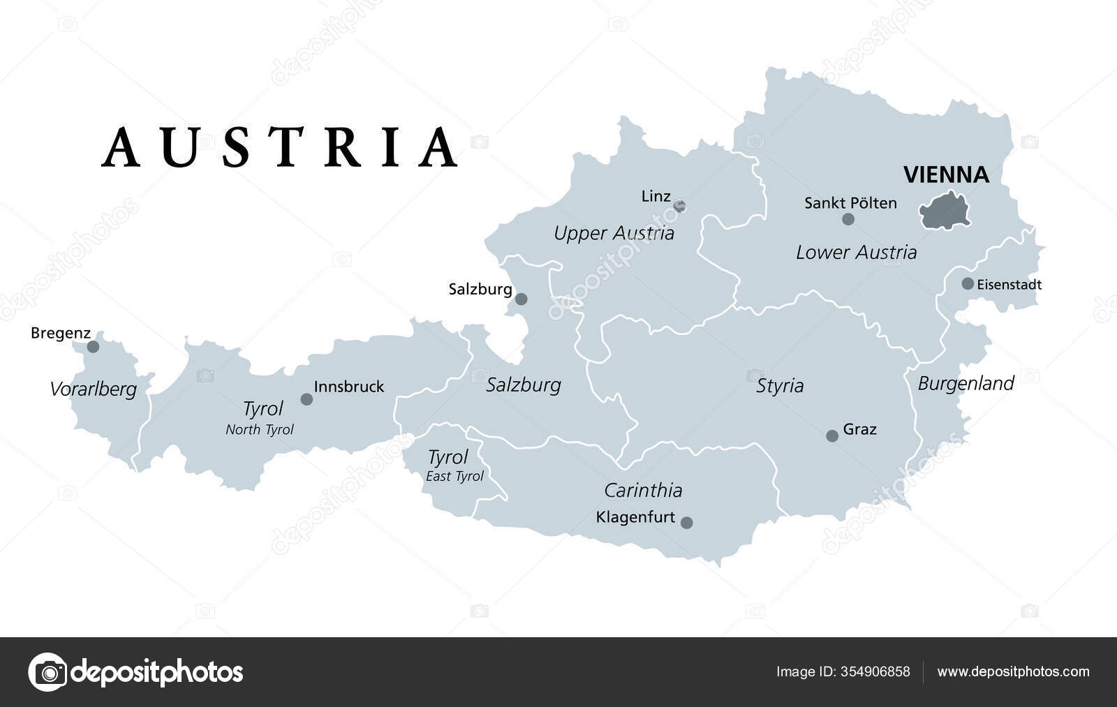 Austria Gray Colored Political Map Capital Vienna Nine Federated States ...