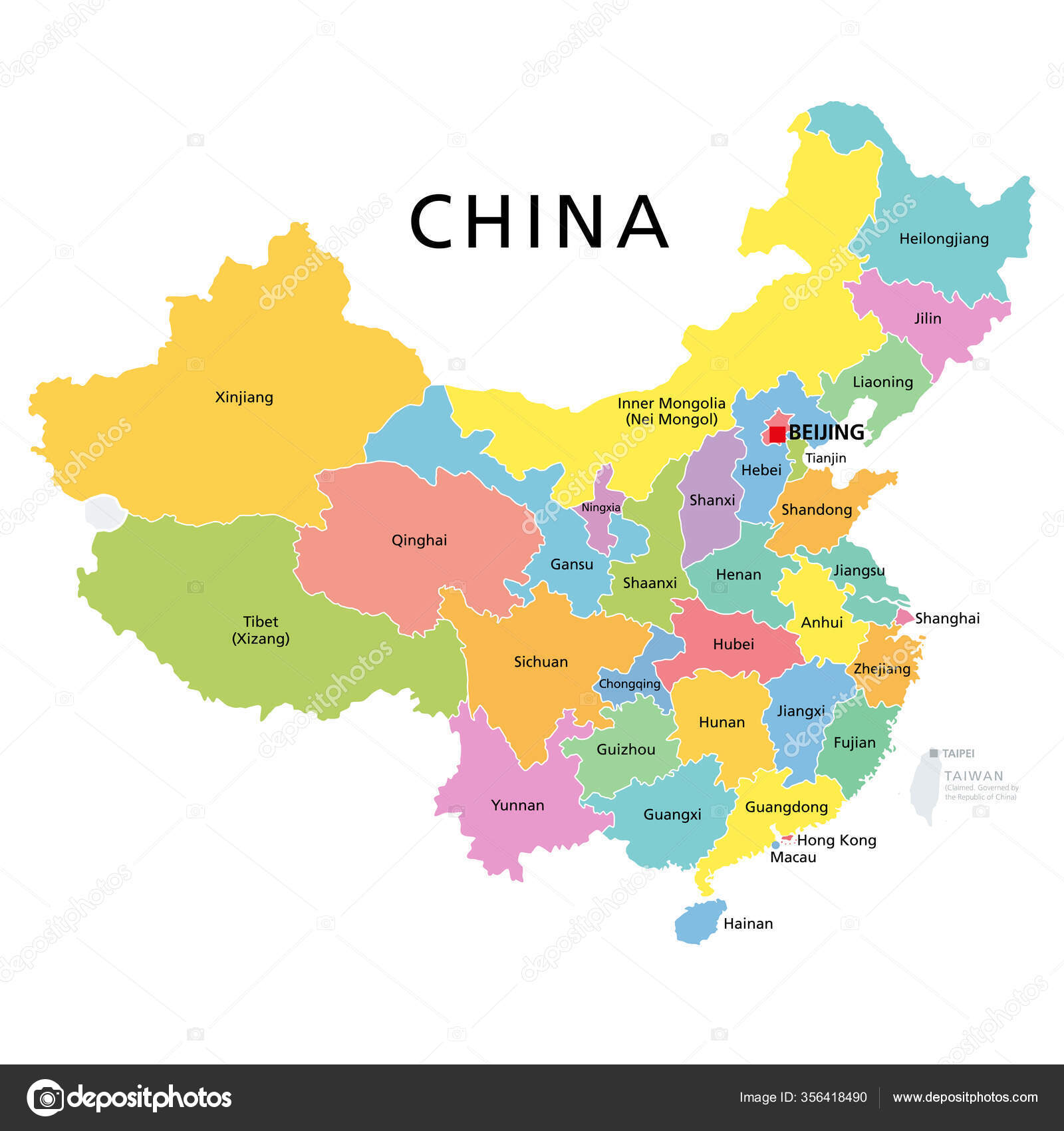 China Political Map Multicolored Provinces Prc People Republic China ...