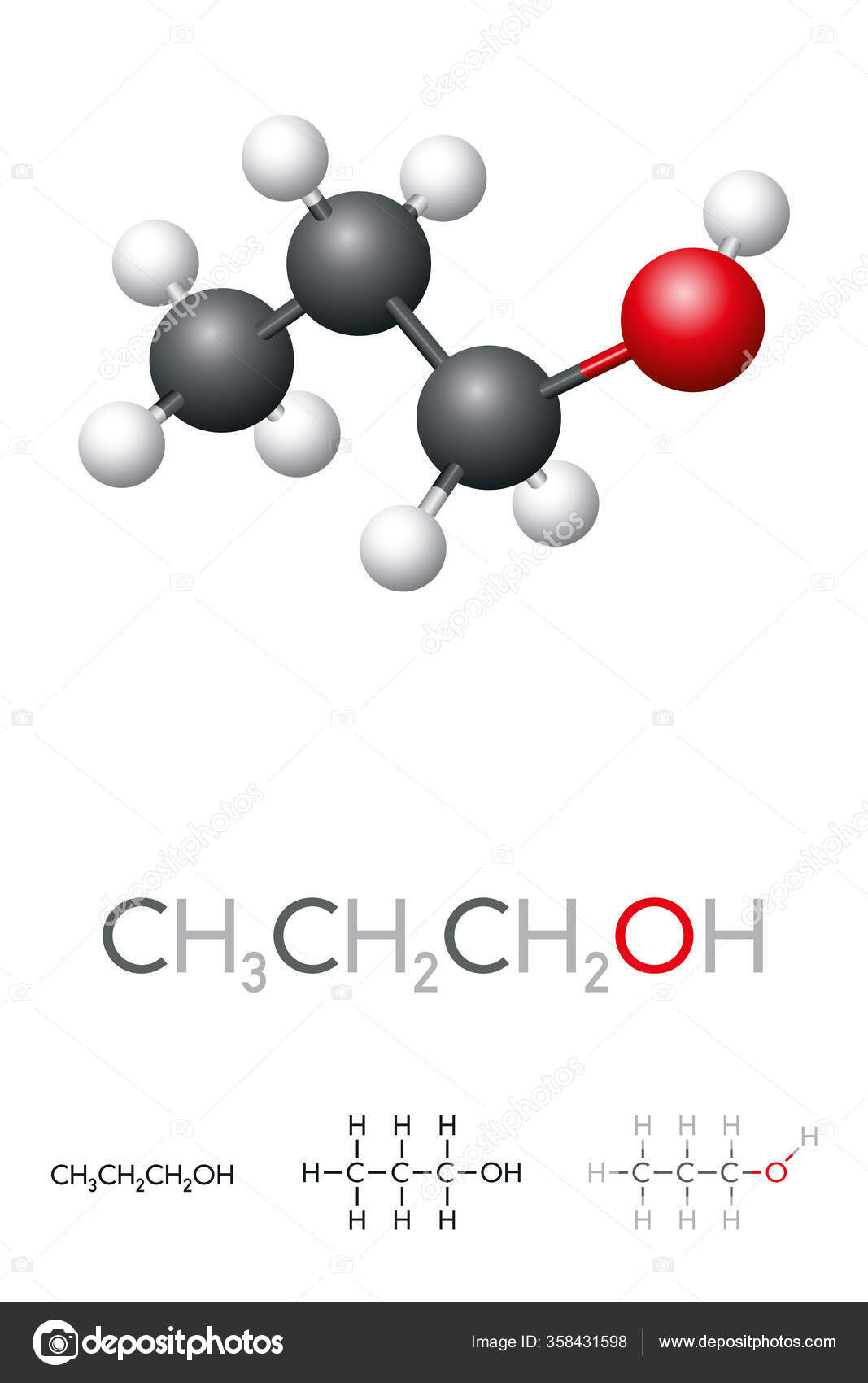 Propanol Ch3Ch2Ch2Oh Propanol Molecule Model Chemical Formula Proh ...