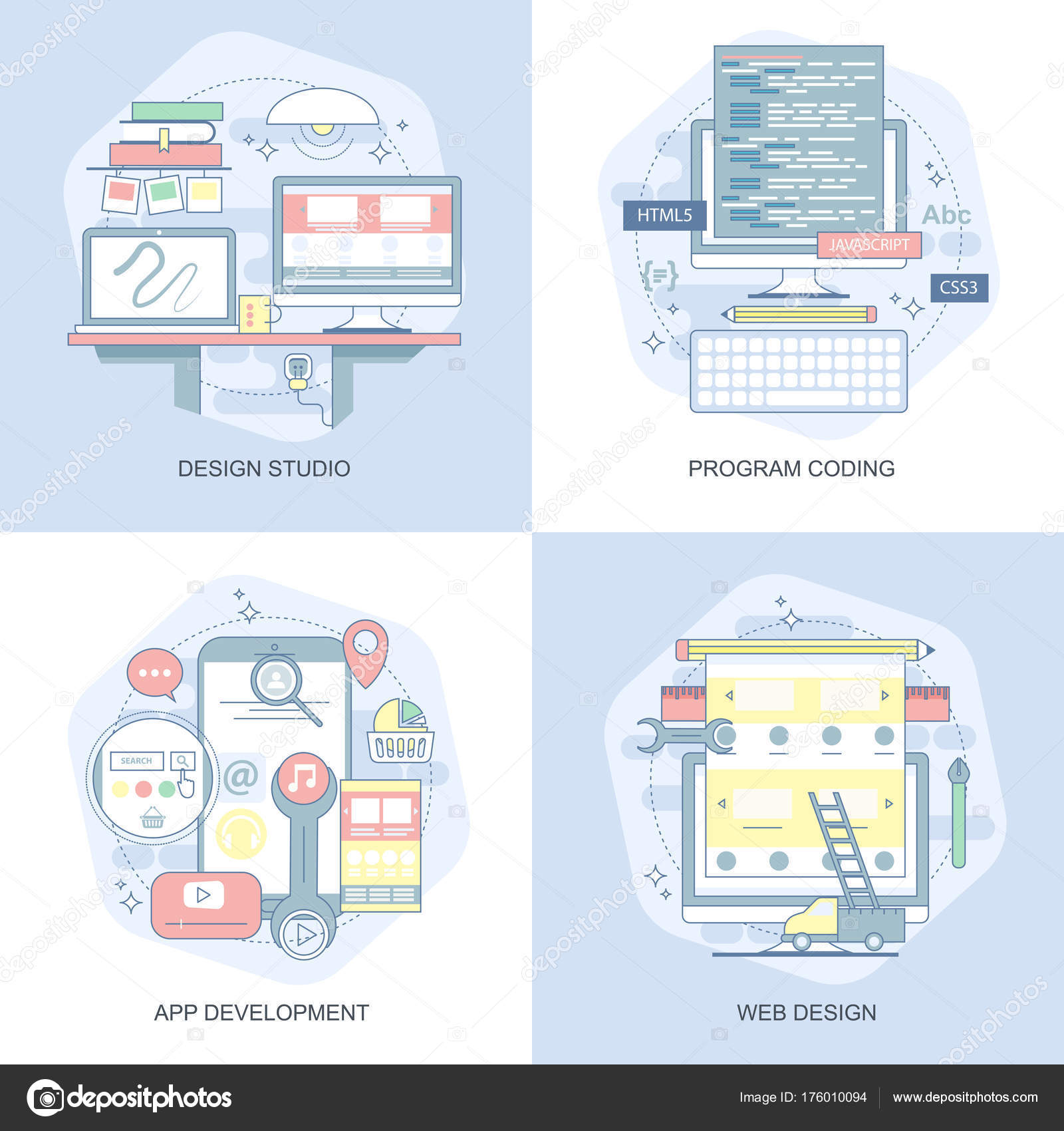 Blue Flat Conceptual Icons Set Creative Office Workspace Art Studio ...