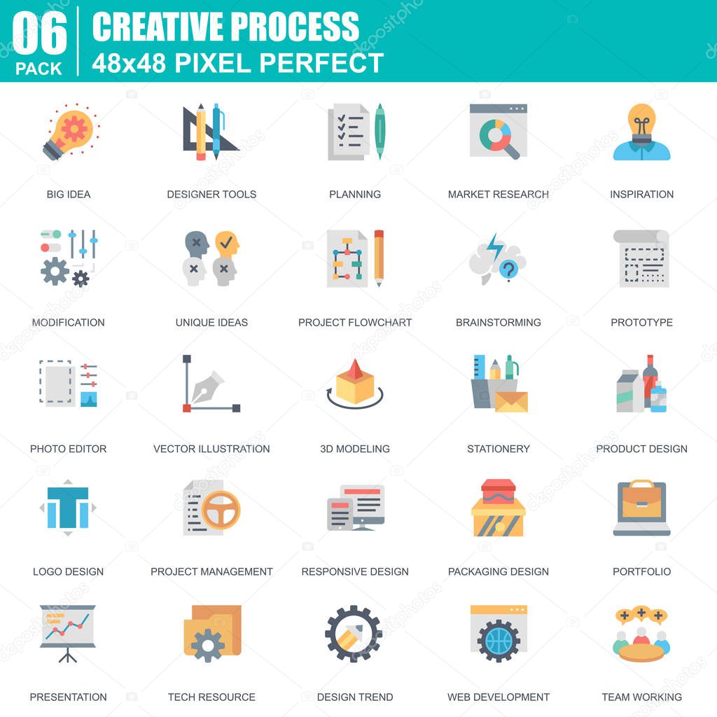 Conjunto de iconos de proceso creativo plano y flujo de trabajo del proyecto para sitio web y ...