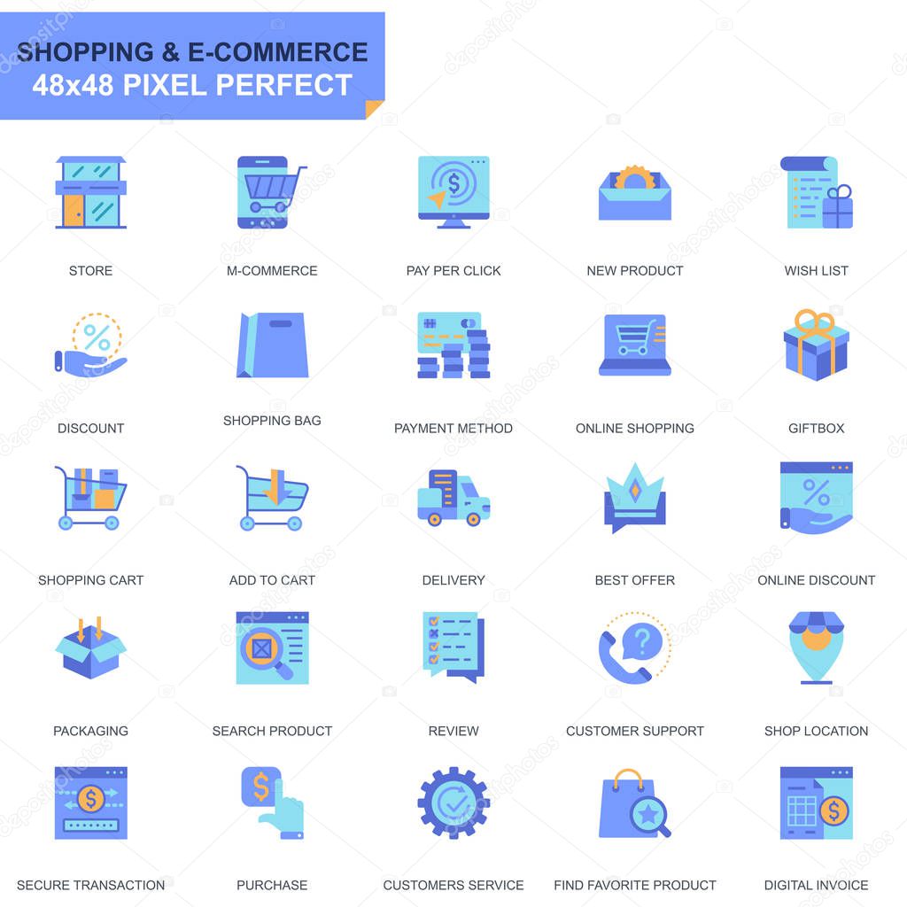 Conjunto simple de compras y comercio electrónico iconos planos para el sitio web y aplicaciones ...