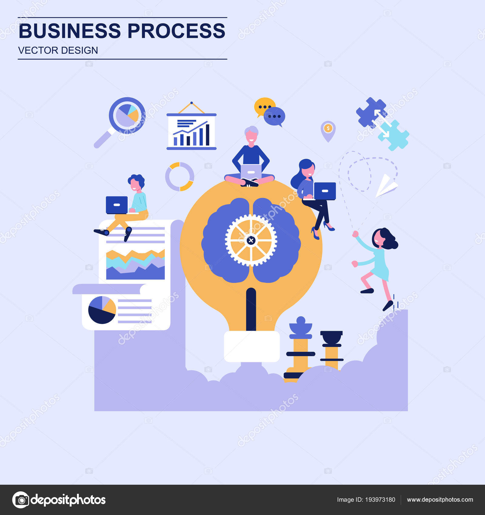 Business process flat design concept blue style with decorated small ...