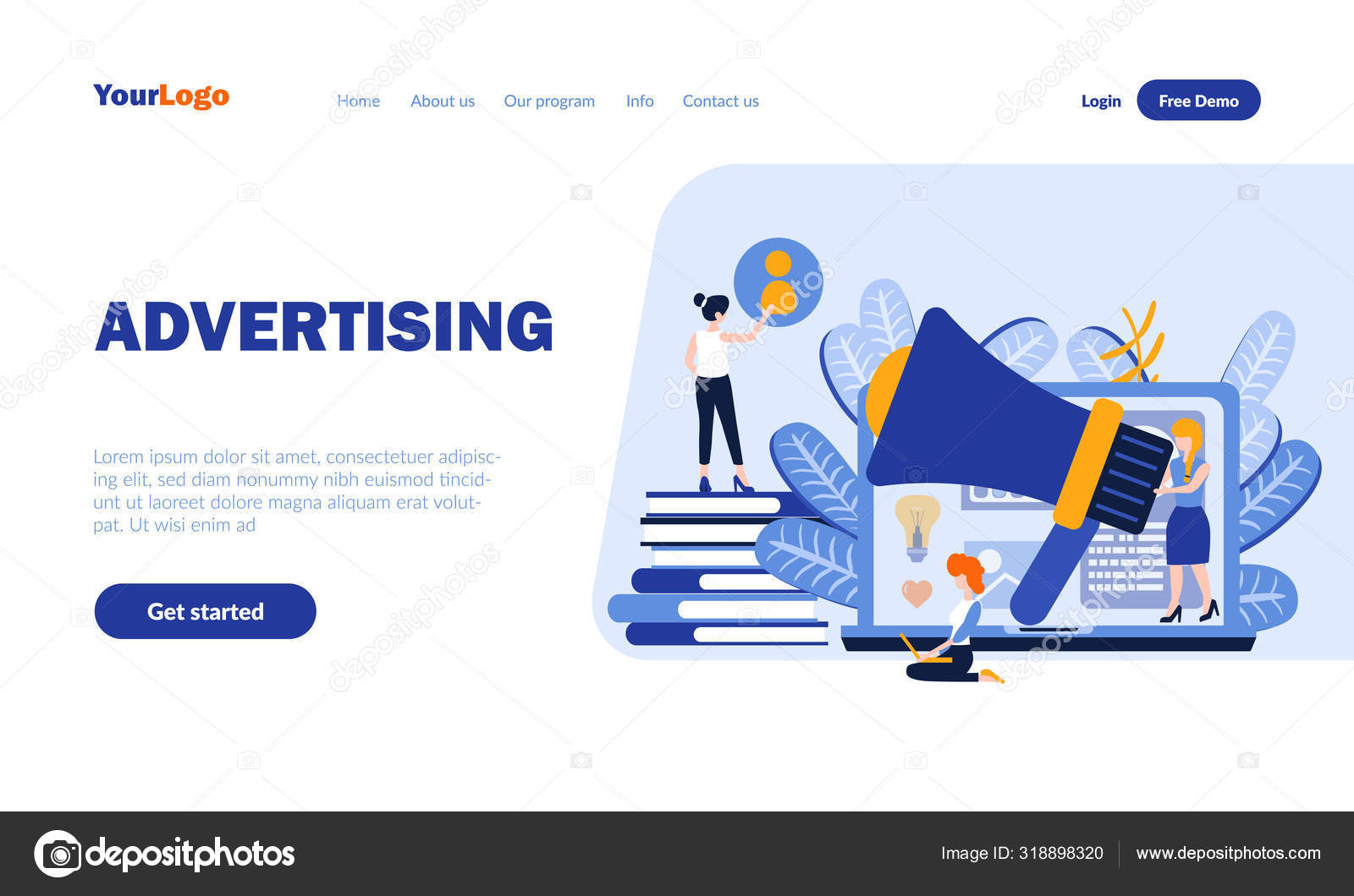 Advertising flat landing page template with header. Product promotion ...