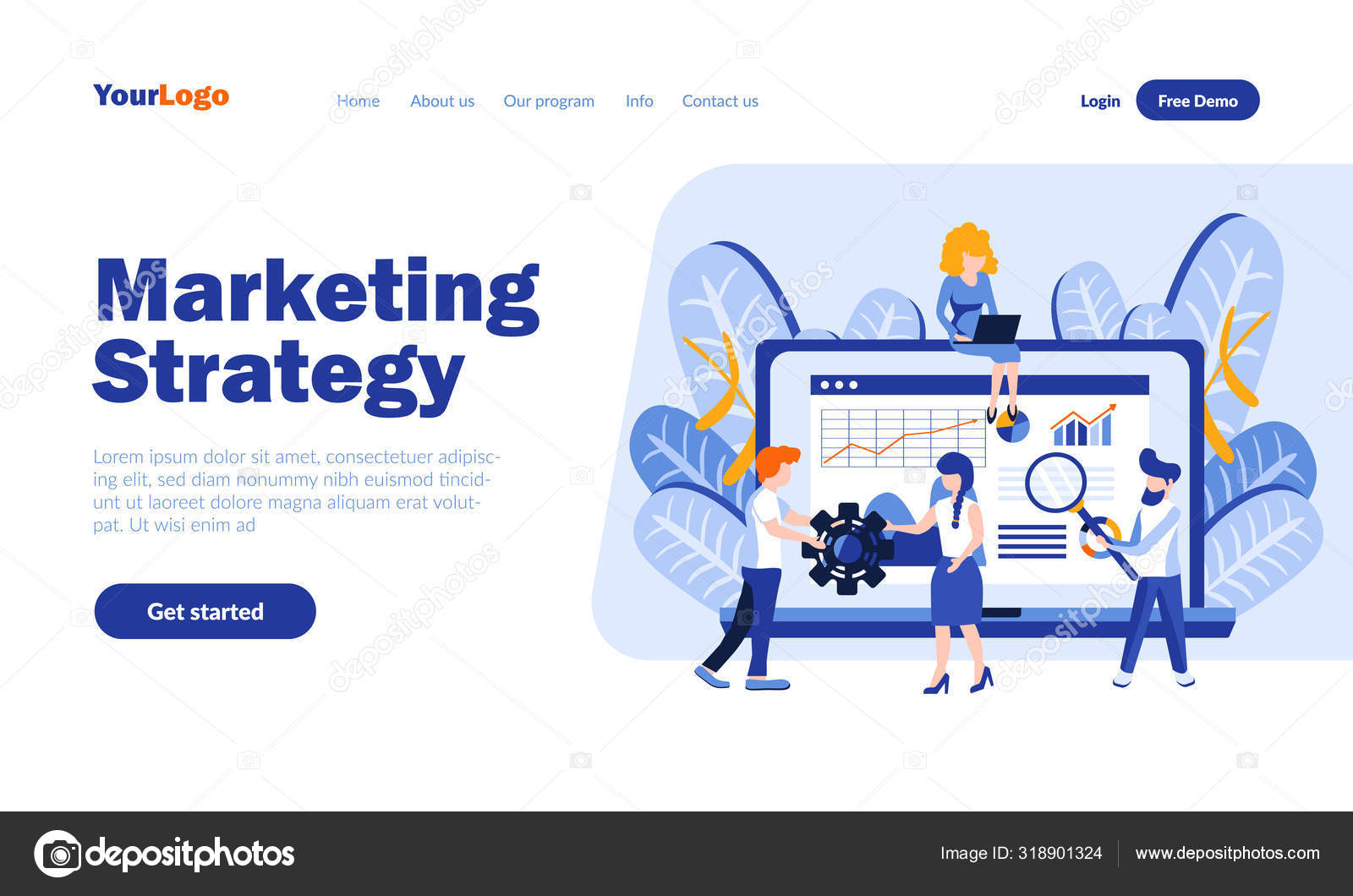 Marketing strategy vector landing page template with header. Market ...