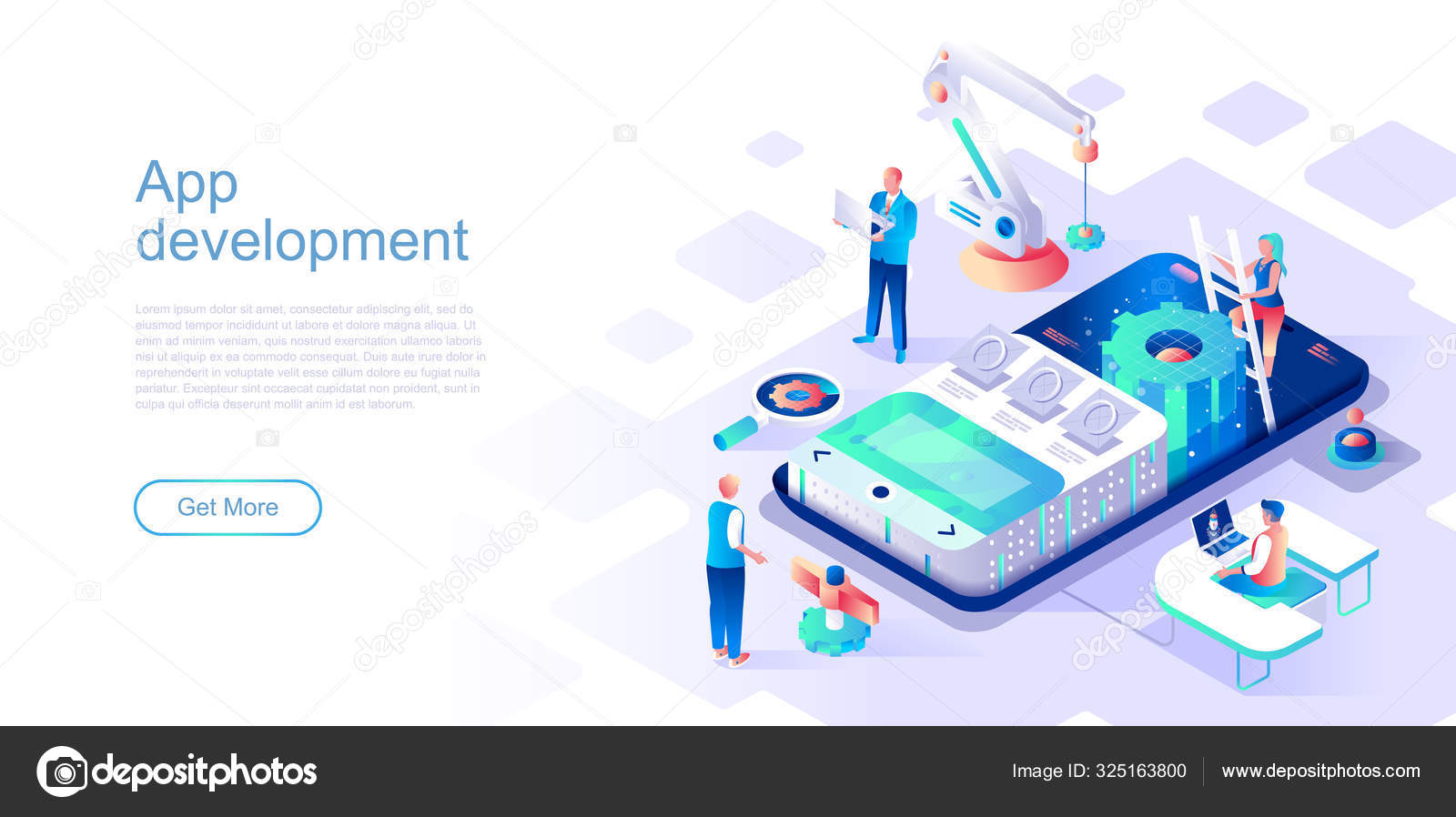 App development landing page vector template. Mobile device software ...